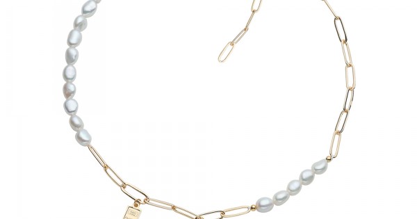 Half Pearl Half Paperclip Chain Necklace with Baroque Drop