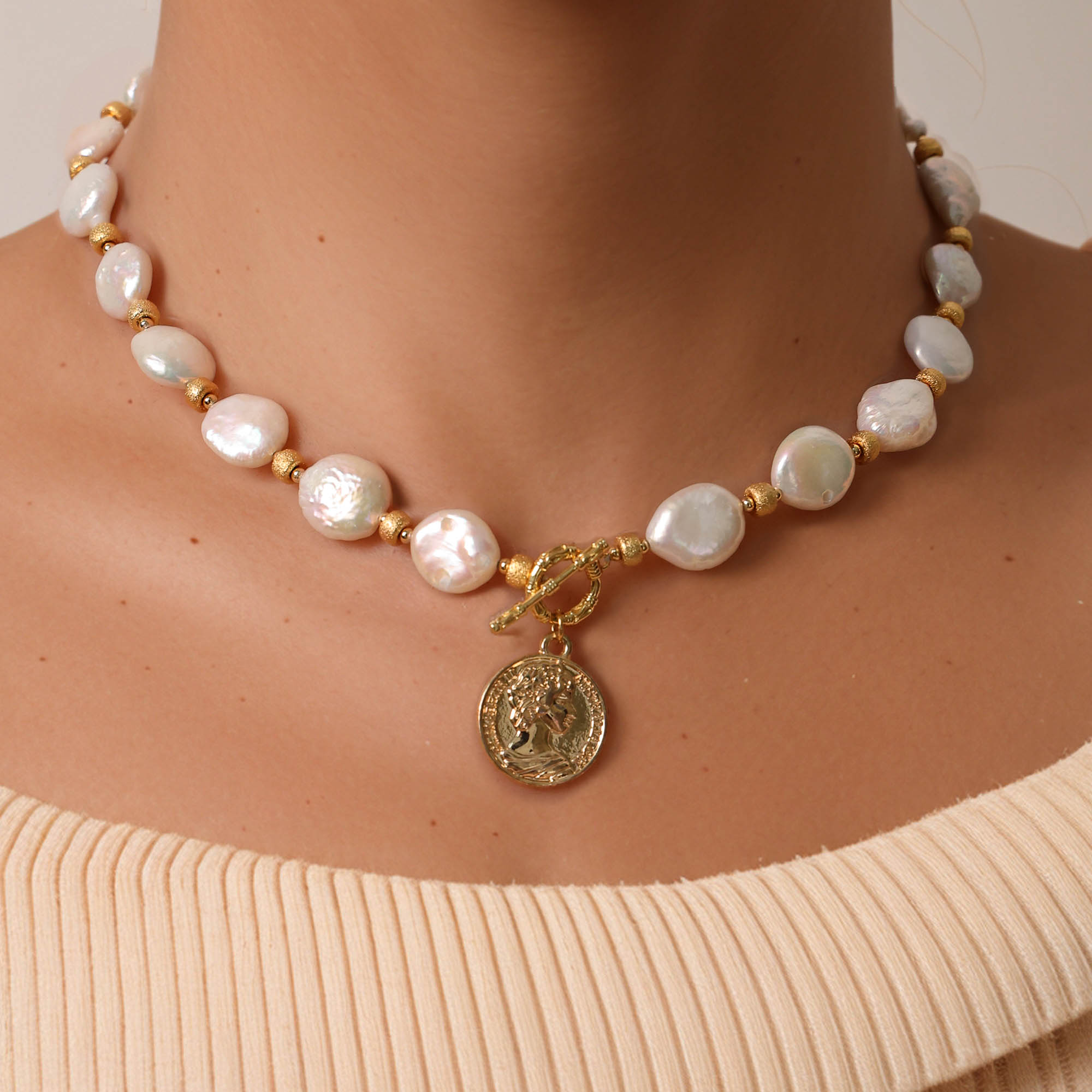 Irregular Pearl Strand Chain Coin Pendant Necklace