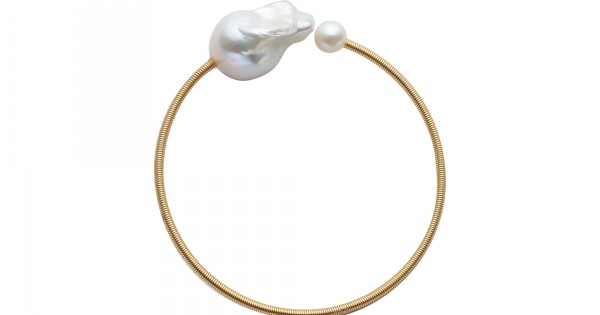 White Freshwater Baroque Pearl Cuff Golden Bangle